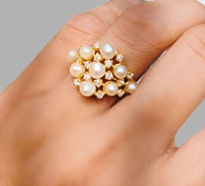 Pearl, Diamond & Gold Cluster Ring - Bahraini Pearls - Souq2Door